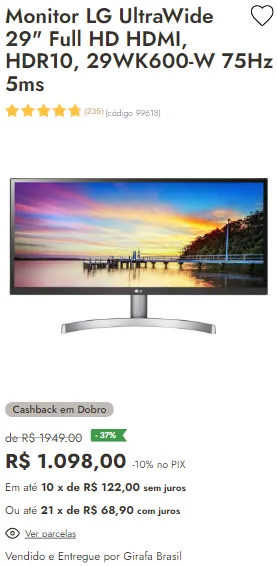 Monitor LG UltraWide 29" Full HD HDMI, HDR10, 29WK600-W 75Hz 5ms ...