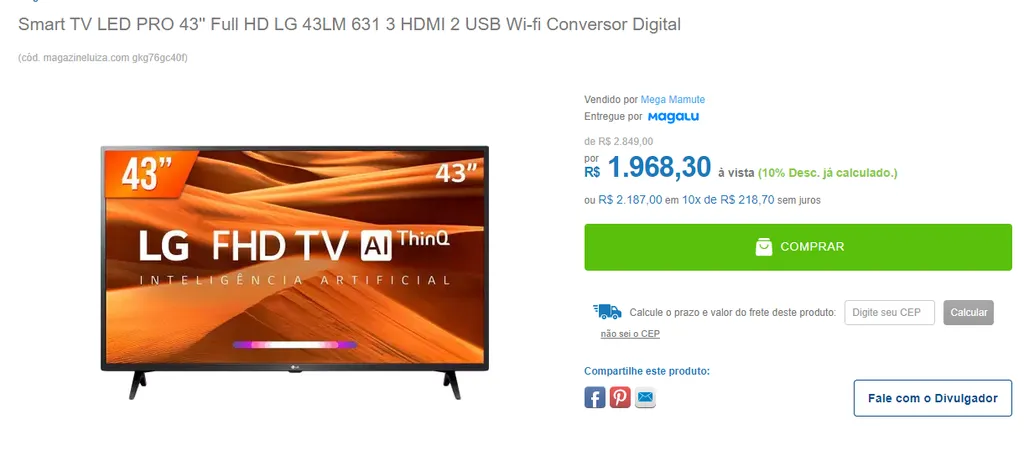 Smart TV LED PRO 43'' Full HD LG 43LM 631 3 HDMI 2 USB Wi-fi Conversor ...