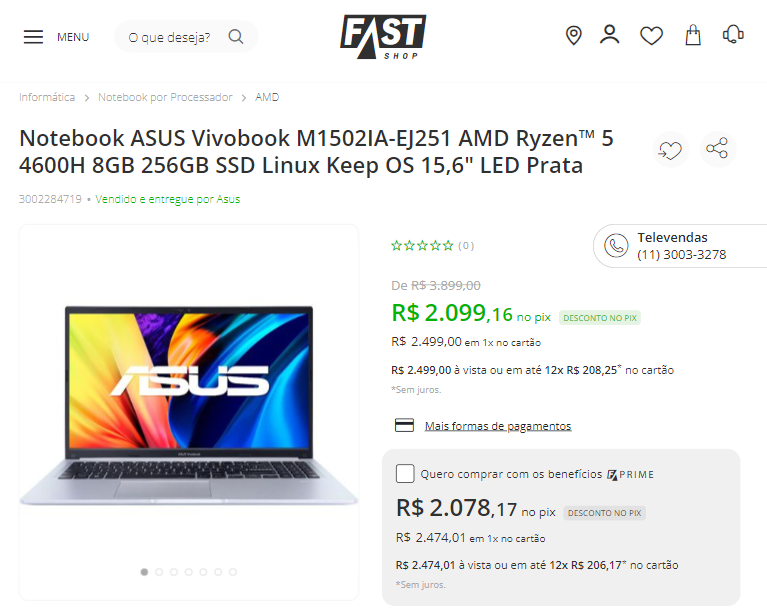 Notebook ASUS Vivobook M1502IA-EJ251 AMD Ryzen™ 5 4600H 8GB 256GB SSD ...