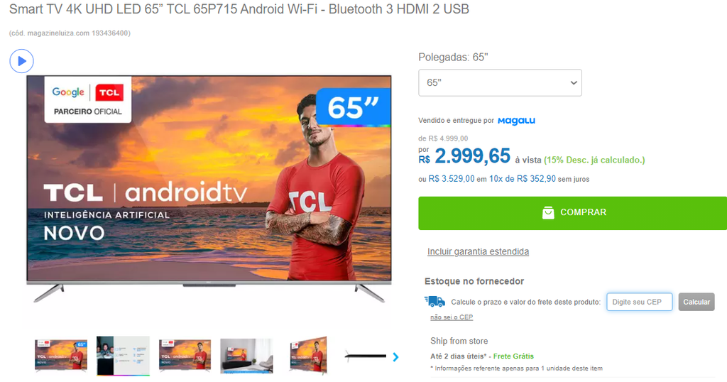 Smart TV 4K UHD LED 65” TCL 65P715 Android Wi-Fi - Bluetooth 3 HDMI 2 ...