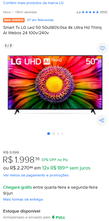 Smart TV LG LED 50" 50UT801C0SA 4K Ultra HD Thinq AI webOS 24 | CUPOM + PIX - Canaltech Ofertas