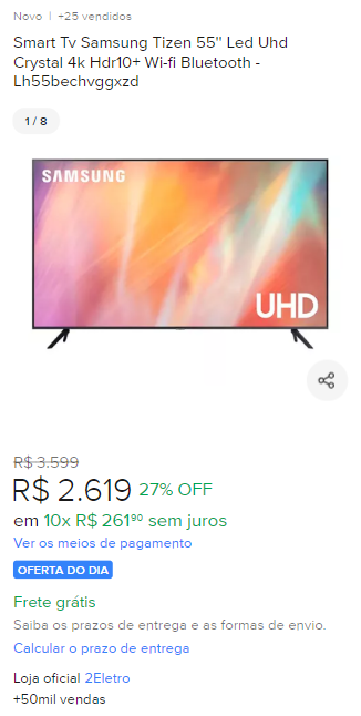 [PARCELADO] Smart TV Samsung Tizen 55'' LED UHD Crystal 4K HDR10+ Wi-Fi ...