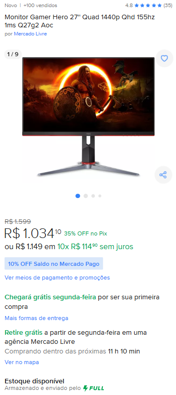 Monitor AOC Gamer Hero 27'' QUAD 1440P QHD 155 Hz 1ms Q27G2 | PIX ...