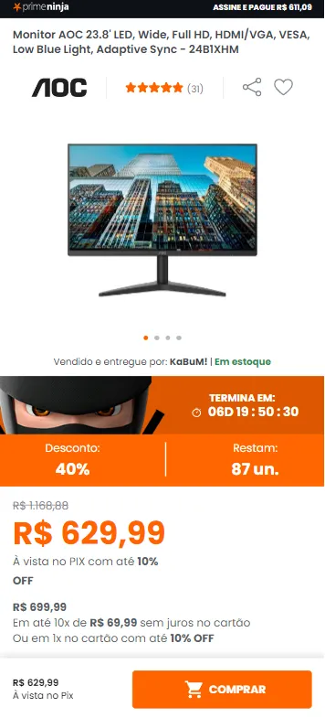 Monitor AOC 23.8' LED, Wide, Full HD, HDMI/VGA, VESA, Low Blue Light ...