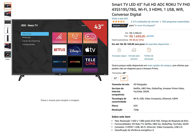 Smart TV LED 43" Full HD AOC ROKU TV FHD 43S5195/78G, Wi-Fi, 3 HDMI, 1 ...