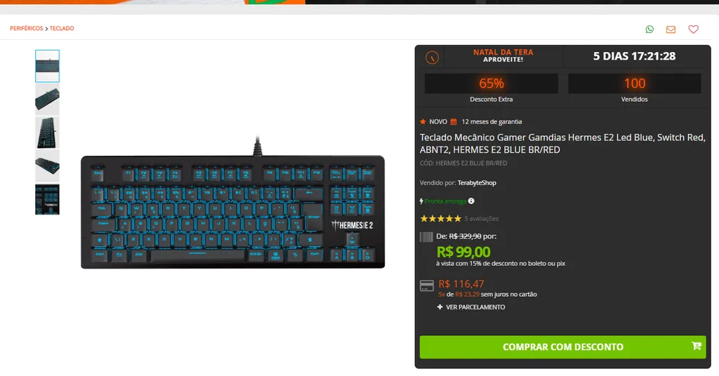 Teclado Mecânico Gamer Gamdias Hermes E2 Led Blue, Switch Red, ABNT2 ...