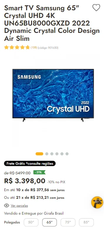 Smart TV Samsung 65" Crystal UHD 4K UN65BU8000GXZD 2022 Dynamic Crystal Color Design Air Slim ...