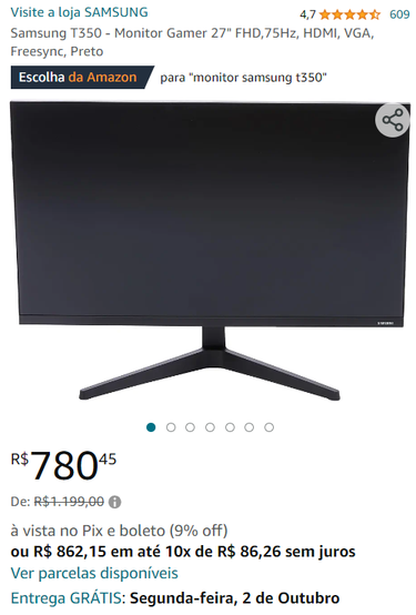 Samsung T350 - Monitor Gamer 27" FHD,75Hz, HDMI, VGA, Freesync, Preto ...