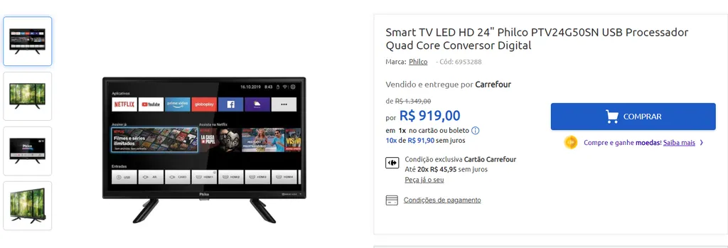 Smart TV LED HD 24" Philco PTV24G50SN USB Processador Quad Core ...