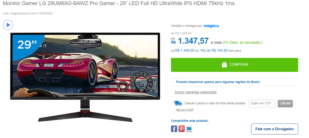 Monitor Gamer LG 29UM69G-BAWZ Pro Gamer - 29” LED Full HD UltraWide IPS ...
