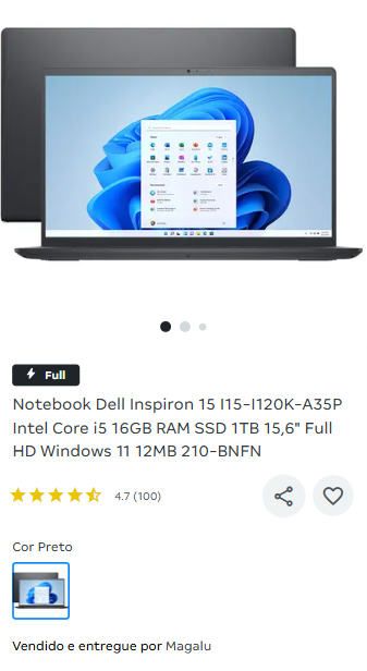 Notebook Dell Inspiron 15 I15-I120K-A35P Intel Core i5 16GB RAM SSD 1TB 15,6" Full HD Windows 11 ...