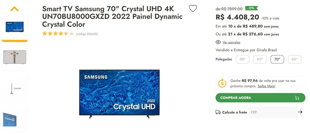 Smart TV Samsung 70" Crystal UHD 4K UN70BU8000GXZD 2022 Painel Dynamic ...