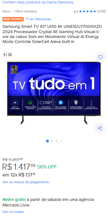 Samsung Smart TV 43" UHD 4K UN43DU7700GXZD 2024 Processador Crystal 4K ...