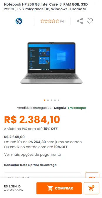 Notebook HP 256 G8 Intel Core I3, RAM 8GB, SSD 256GB, 15.6 Polegadas HD ...