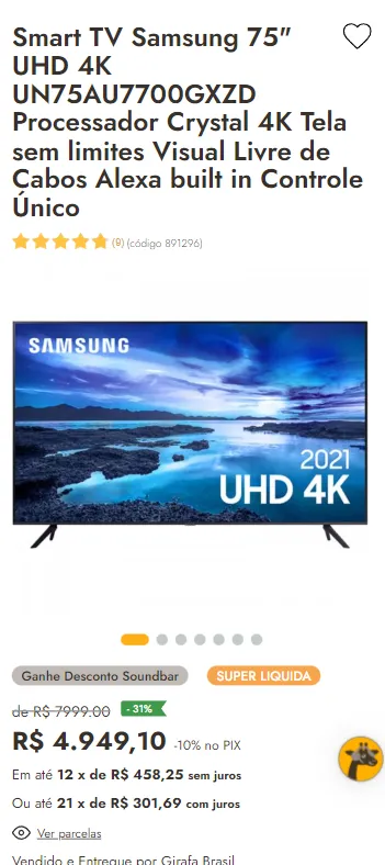 Smart TV Samsung 75" UHD 4K UN75AU7700GXZD Processador Crystal 4K Tela ...