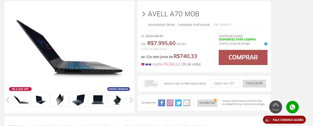 Notebook Avell A70 MOB i7-11800H 8GB RAM 250GB SSD NVIDIA RTX 3050 4GB ...