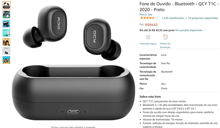 Fone de Ouvido - Bluetooth - QCY T1C - 2020 - Preto - Canaltech Ofertas