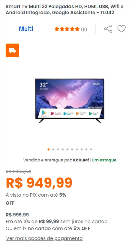 Smart TV Multi 32 Polegadas HD, HDMI, Wifi e Android Integrado, Google ...
