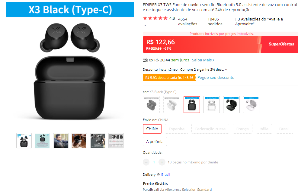 Fone de Ouvido EDIFIER X3 TWS Bluetooth 5.0 - Preto [INTERNACIONAL] - Canaltech Ofertas