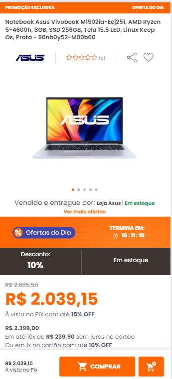 Notebook Asus Vivobook, AMD Ryzen 5-4600h, 8GB, SSD 256GB Linux Keep Os ...
