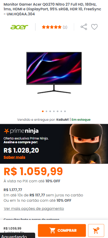 Monitor Gamer Acer QG270 Nitro 27 Full HD, 180Hz, 1ms, HDMI e ...