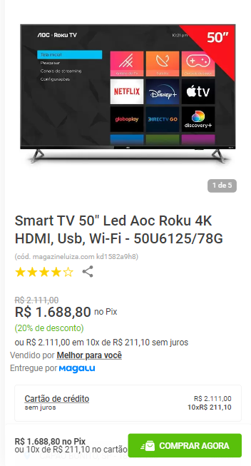 Smart TV 50" Led Aoc Roku 4K HDMI, Usb, Wi-Fi - 50U6125/78G - Canaltech ...