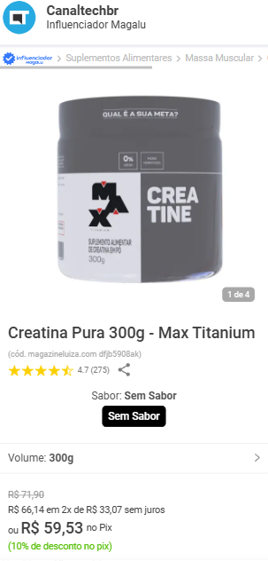 Creatina Pura 300g - Max Titanium | PIX - Canaltech Ofertas