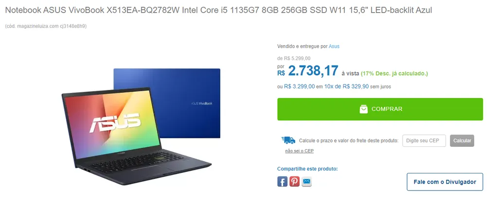 Notebook ASUS VivoBook X513EA-BQ2782W Intel Core i5 1135G7 8GB 256GB SSD W11 15,6" LED-backlit ...