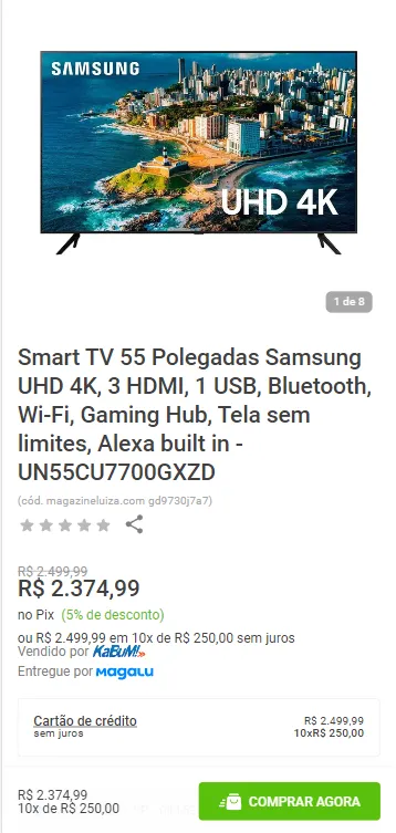 Smart TV 55 Polegadas Samsung UHD 4K, 3 HDMI, 1 USB, Bluetooth, Wi-Fi, Gaming Hub, Tela sem ...