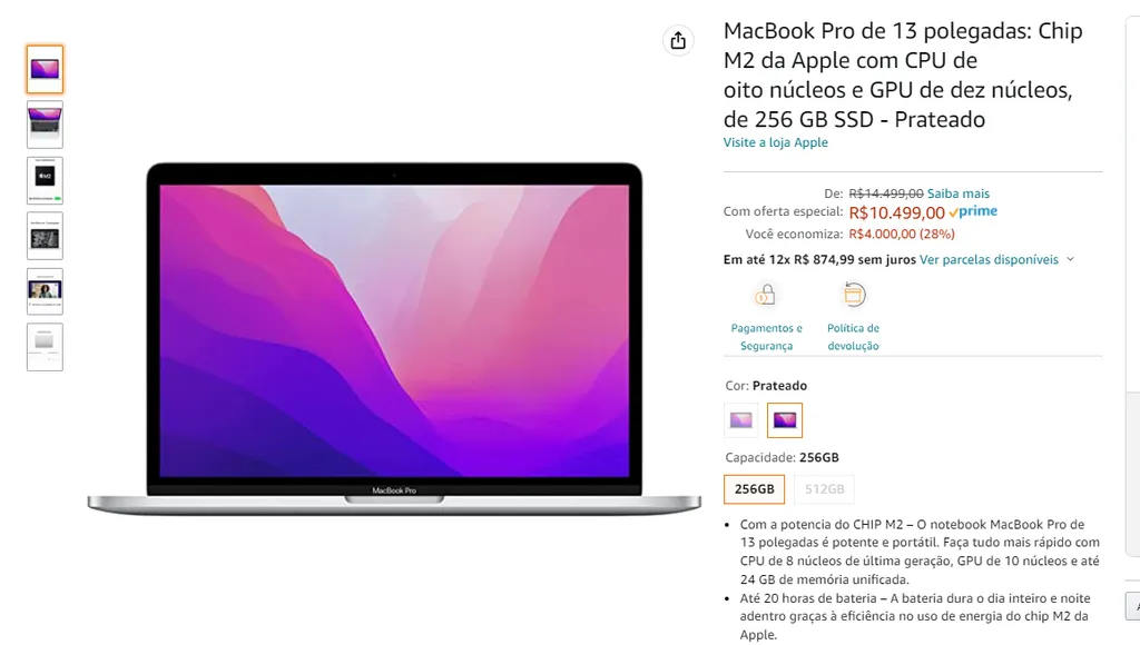 MacBook Pro de 13 polegadas: Chip M2 da Apple com CPU de oito núcleos e GPU de dez núcleos, de ...