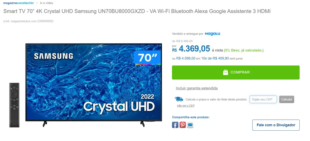 Smart TV 70” 4K Crystal UHD Samsung UN70BU8000GXZD - VA Wi-Fi Bluetooth ...