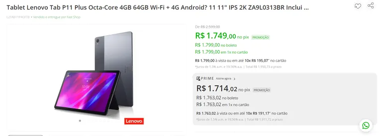 Tablet Lenovo Tab P11 Plus Octa-Core 4GB 64GB Wi-Fi + 4G Android? 11 11" IPS 2K ZA9L0313BR ...