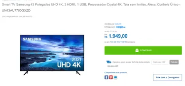 Smart TV Samsung 43 Polegadas UHD 4K, 3 HDMI, 1 USB, Processador ...