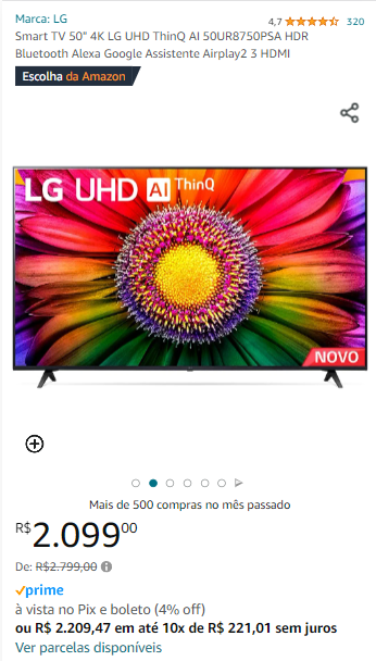 Smart TV 50" 4K LG UHD ThinQ AI 50UR8750PSA HDR Bluetooth Alexa Google Assistente Airplay2 3 ...