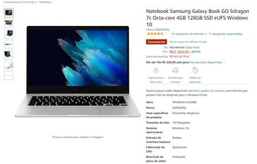 Notebook Samsung Galaxy Book GO Snapdragon 7c Octa-core 4GB 128GB SSD ...