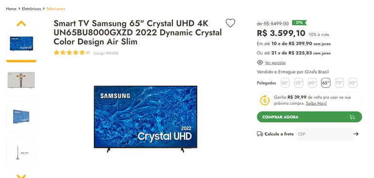 Smart TV Samsung 65" Crystal UHD 4K UN65BU8000GXZD 2022 Dynamic Crystal ...
