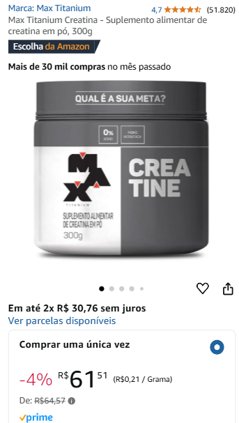 Max Titanium Creatina - Suplemento alimentar de creatina em pó, 300g - Canaltech Ofertas