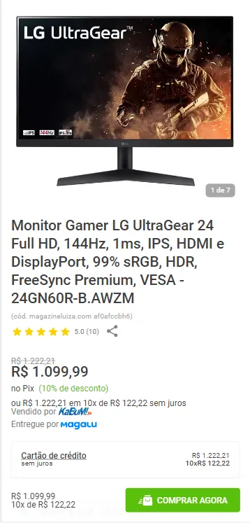 Monitor Gamer LG UltraGear 24 Full HD, 144Hz, 1ms, IPS, HDMI e ...