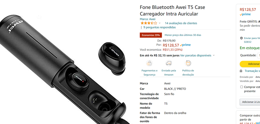 Fone Bluetooth Awei T5 Case Carregador Intra Auricular - Canaltech Ofertas