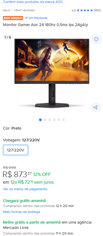 PARCELADO | Monitor Gamer AOC 24", 180 Hz, 0,5 ms, Full HD, Painel IPS, 24G4/P | CUPOM ...