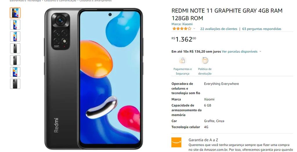 Smartphone Xiaomi Redmi Note 11 Graphite Gray 4GB RAM 128GB ROM ...