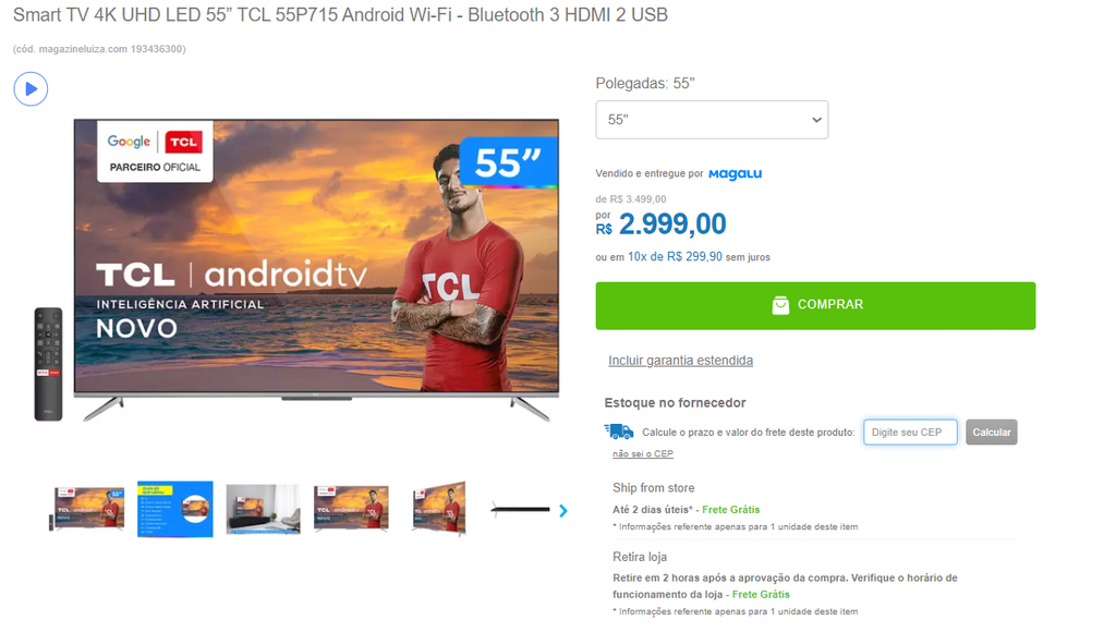 Smart TV 4K UHD LED 55” TCL 55P715 Android Wi-Fi - Bluetooth 3 HDMI 2 ...