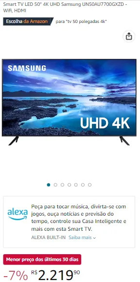 [PARCELADO] Smart TV LED 50" 4K UHD Samsung UN50AU7700GXZD - Wifi, HDMI ...