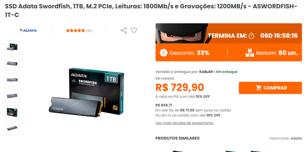 SSD Adata Swordfish, 1TB, M.2 PCIe, Leituras: 1800Mb/s e Gravações ...