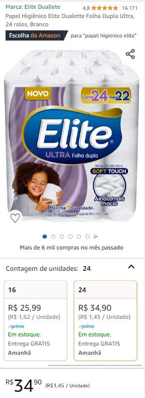 Papel Higiênico Elite Dualette Folha Dupla Ultra 24 Rolos Branco