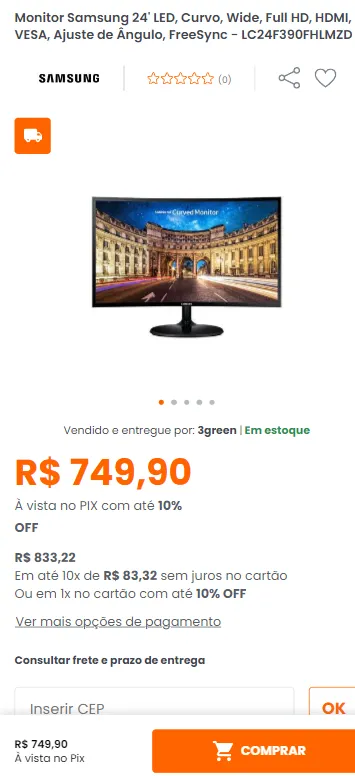 Monitor Samsung 24' LED, Curvo, Wide, Full HD, HDMI, VESA, Ajuste de ...