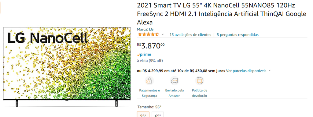 2021 Smart TV LG 55" 4K NanoCell 55NANO85 120Hz FreeSync 2 HDMI 2.1 ...