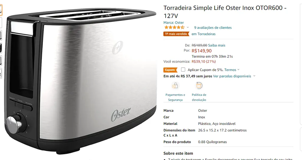 Torradeira Simple Life Oster Inox OTOR600 - 127V - Canaltech Ofertas