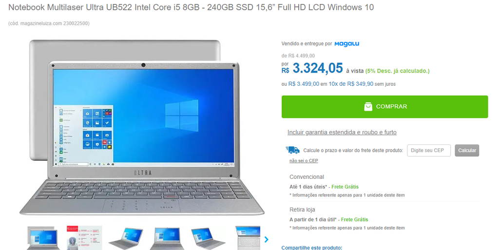 Notebook Multilaser Ultra UB522 Intel Core i5 8GB - 240GB SSD 15,6 ...