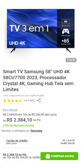 Smart TV Samsung 58" UHD 4K 58CU7700 2023, Processador Crystal 4K ...